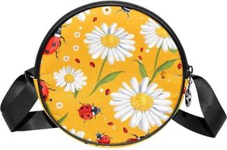 Generic Sac &agrave; bandouli&egrave;re circulaire pour femme, motif coccinelles, marguerites blanches, petit sac &agrave; dos &agrave; bandouli&egrave;re avec fermeture &eacute;clair, bretelles r&eacute;gla