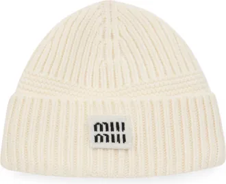 Miu Miu Womens Knitted Hat With Logo White Virgin Wool