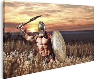 Islandburner Bild auf Leinwand Krieger Helm Nackter Oberk&ouml;rper Angriff Zuversichtlicher Soldat wie Spartaner Roter Mantel H&auml;lt Eise Wandbild Leinwandbild Bilder f&uuml;