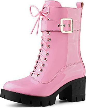 Allegra K Femme Bottes Combat &agrave; Talon &Eacute;pais et Plateforme Zipp&eacute;e Rose 36