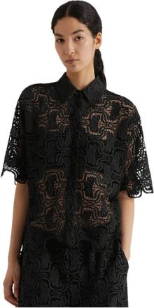 Meimeij Femme, Blouses et Chemises, Noir, Taille: 46 FR Camicia di pizzo a manica corta orli smerlati