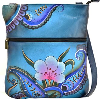 Anuschka Damen Handbemalte Echtleder Slim Cross Umhängetasche Schmale Crossbody-Tasche | echtes Leder, Denim Paisley Floral