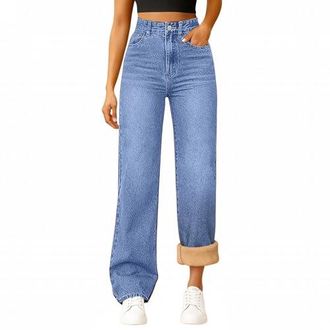 Generic Jean doubl&eacute; en polaire pour femme - Taille haute - Coupe droite - Jambe large - Extensible - Y2K - Pantalon dhiver ample d&eacute;contract&eacute; - Confortable - C