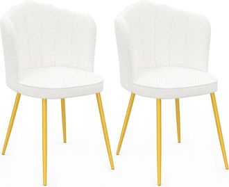 IDMarket Set mit 2 Stühlen Muschel Adelaide Bouclette weiß mit goldenen Füßen