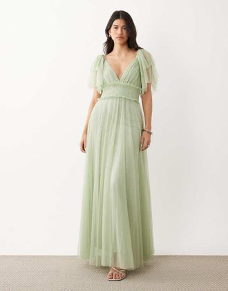 Lace & Beads robe longue en tulle &agrave; manches volant&eacute;es et taille fronc&eacute;e pour linvit&eacute;e, vert sauge