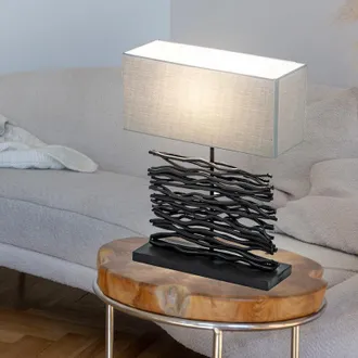 Globo Lighting Led Tischleuchte Tischlampe Beistelllampe Holzlampe Schreibtischlampe Wohnzimmerlampe, Holz schwarz Stoff grau, 10,5W 1055 Lumen warmwei&szlig;, h 50 cm