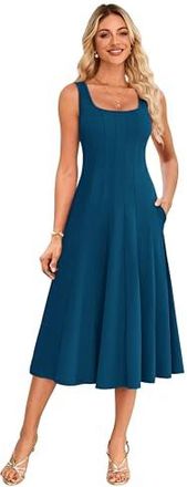 Grace Karin Robe Femme Élégante Été Vintage Longue Col Carré sans Manches Poches Latérales Ligne A Bleu Paon 2XL