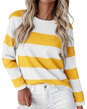Generic Haut rayé à manches longues et col rond pour femme - Léger - Coupe ample - Pull classique, Z05-jaune, M