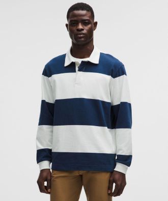 lululemon Langarm-Rugby-Shirt aus f&uuml;r M&auml;nner - Gr&ouml;&szlig;e XL in Wide Stripe Club Blue Coconut Ivory