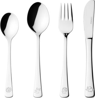 Leonardo Bambini Avventura Kinder-Besteck Set 4-teilig - Besteck mit Motiven aus hochwertigem Edelstahl - Spülmaschinengeeignet - Mit Tier-Motiven Löwe, Elefan