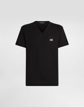 Dolce & Gabbana Baumwoll-t-shirt V-ausschnitt Mit Logoplakette - Mann T-shirts Und Polos Blau Baumwolle 44