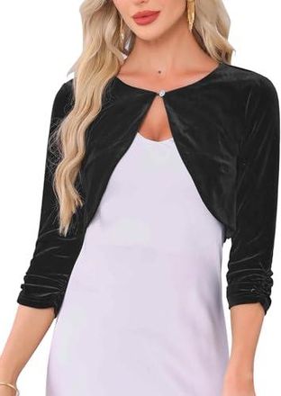 Allegra K Cardigan Court Femme en Velours Bol&eacute;ro &Eacute;l&eacute;gant &agrave; Col Ras du Cou Gilet Manches 3/4 Pliss&eacute;es pour Soir&eacute;e et Cocktail Noir S