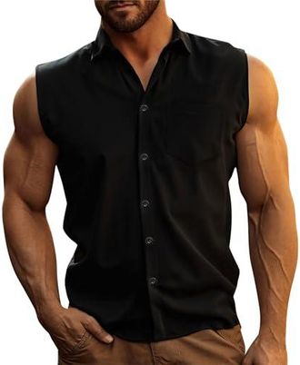 Generic Chemises dété sans manches en coton et lin léger pour homme, chemise dentraînement décontractée, coupe régulière, Noir, XL
