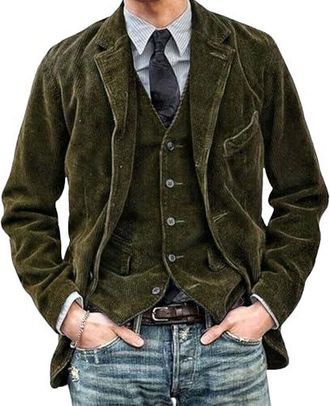 Generic Blazer d&eacute;contract&eacute; en velours c&ocirc;tel&eacute; pour homme - Style vintage et d&eacute;contract&eacute; - Revers crant&eacute; - Pour affaires, d&icirc;ner, costume de sport, Vert, XXL