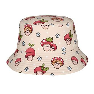 Generic Anti-UV Seau Chapeau Motif Mignon de Fraise et de Champignon Chapeaux de Visière Imprimé Été Bouchon De Seau pour Voyage Camping pêche