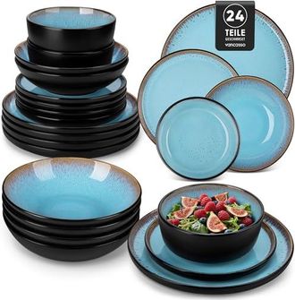 VANCASSO AMBER Service de Table 6 Personnes, Set Vaisselle 24 Pièces en Grès - Assiettes Plates, Assiettes à Dessert, Bols à Pâtes et Bols - Adapté au Micro-On