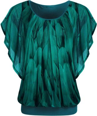 Zeagoo Damen Blumen Bluse Batwing Elegant Falten Tunika Bluse Mesh Doppellagige Shirt Pfau Blau XL