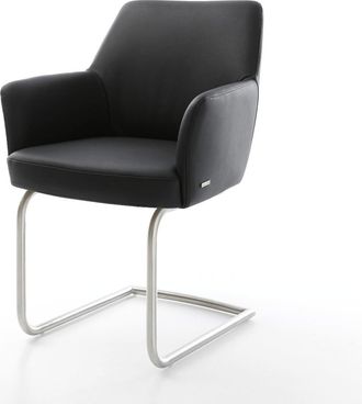 DELIFE Freischwinger Xana-Flex mit Armlehnen Echt-Leder Schwarz Freischwinger rund Edelstahl Taschenfederkern, Esszimmerstühle