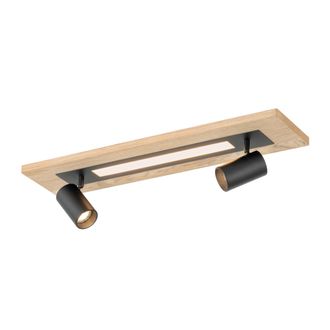 Eglo Deckenlampe Torrestralle, Deckenleuchte mit LED-Panel und 2 Spots, Wohnzimmerlampe aus schwarzem Metall und Holz-Furnier in Eiche-Optik, Lampe Decke W