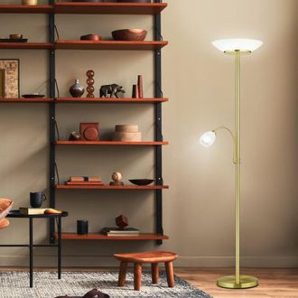 ETC Shop Stehlampe Standleuchte Wohnzimmerlampe Deckenfluter Metall messing farben mit flexiblem Lesespot, getrennt schaltbar, Glasschirm, 2x E27 1x E14, DxH