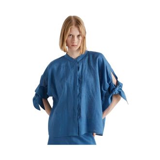 Meimeij Femme, Blouses et Chemises, Bleu, Taille: 44 FR Chemise &agrave; Manches Courtes et D&eacute;tails de Noeuds