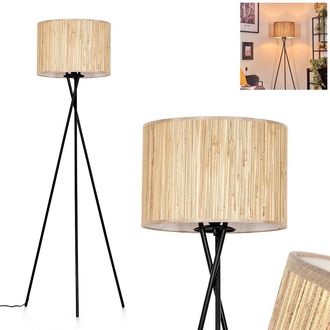 HOFSTEIN Stehleuchte Bongal, Stehlampe aus Metall/Seegras in Schwarz/Natur, Leuchte im modernen Design mit rundem Schirm (Ø 40 cm) u. Fußschalter, Höhe 156 cm,