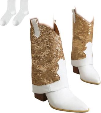 Generic Bottines Western Pour Femmes Avec Petit Talon Carr&eacute;, Bottes Mi-Mollet Tendance Avec Bout Pointu Paillettes Scintillantes Bottes Confortables Enfiler P