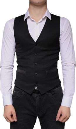 Dolce & Gabbana Mens Black Wool Waistcoat Dress Formal Vest Viscose Silk Polyester
