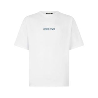 Roberto Cavalli Homme, Tops, Blanc, Taille: M T-Shirt en coton avec dragon et logo