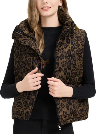 Feoya Damen Steppweste Kurze Pufferweste Stehkragen Daunenweste Leopard Warm &Auml;rmellos Winterjacke &Uuml;bergangsweste mit Taschen Braun XL