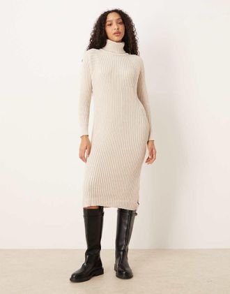 Vero Moda Robe mi-longue en maille c&ocirc;tel&eacute;e de qualit&eacute; sup&eacute;rieure &agrave; col roul&eacute; - Cr&egrave;me-Blanc