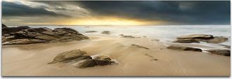 Paul Sinus Art Panoramabild auf Leinwand und Keilrahmen 150x50cm Strand Meer Steine Dunst Sonnenuntergang
