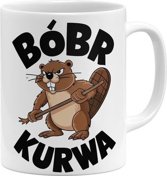 OM3 witzige Kaffee-Tasse mit Spruch - Bobr Kurwa - viral Meme - Beaver - Biber - Bober - Keramik Becher - 325ml - Beidseitig Bedruckt - Weiss