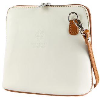 modamoda.de T94 - ital kleine Umh&auml;ngetasche aus Glattleder, Farbe:Cremewei&szlig;/Cognac