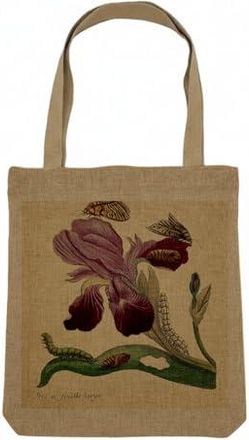 Fabulous Sac Shopping Tote Bag Aspect Lin - Iris Papillons Chenilles Planche Illustration Botanique Ancienne Fleurs - Sac de Courses Toile Epaisse 360g Beige N