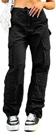 ORANDESIGNE Pantalon Cargo Femmes Y2K Baggy Rétro Loose Denim à Bretelles Multi-Poche Streetwear Jambes Larges Taille Haute Droites D Noir M