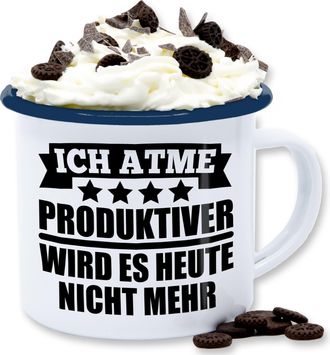 Shirtracer Emaille Tasse Blechtasse - Statement Sprüche - Ich atme! Produktiver wird es heute nicht mehr Schriftzug - schwarz - 300 ml - Weiß Blau - becher mit s