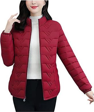 Generic Vestes pour femmes 2026 Manteaux courts &agrave; manches longues chaud en duvet uni manteau matelass&eacute; veste dext&eacute;rieur avec poches, Rouge, 4XL