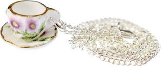 Miniblings Tasse Kette Tee Kaffee 45cm Teetasse Oma Service Porzellan Goldrand - Handmade Modeschmuck - Gliederkette versilbert