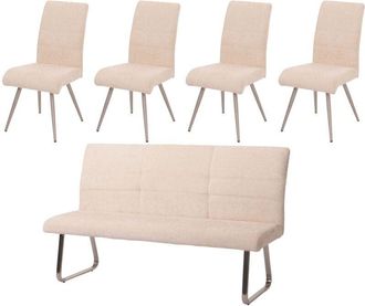 Hhg Esszimmer-Set 221, 4er-Set Stuhl + Sitzbank 180cm, Edelstahl geb&uuml;rstet Stoff/Textil Chenille creme