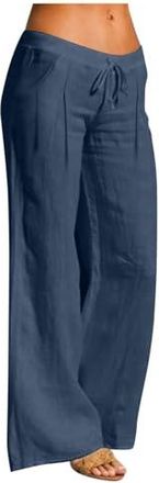 Generic Pantalon d&eacute;contract&eacute; en lin pour femme - Taille basse - Jambes larges - Pour voyage, plage, vacances, &eacute;t&eacute;, bleu, XXL