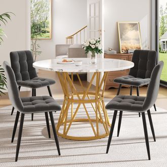 Generic YAIXBNG Esstisch-Set (5-teilig), Esstisch-Set mit 4 St&uuml;hlen, Runder K&uuml;chentisch mit 100 cm Durchmesser und Metallbeinen, MDF-Marmor-Tischplatte, Esszi