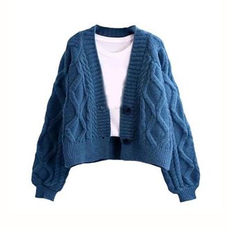 Generic Cardigan tricot&eacute; pour femme - Printemps - L&acirc;che - SLE - Haut boutonn&eacute; - Manches longues - Col en V, noir fonc&eacute;, Taille XS