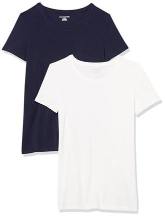 Amazon Essentials T-Shirt Ras-Du-Cou à Manches Courtes, Coupe Standard Femme, Lot de 2, Blanc/Bleu Marine, XXL