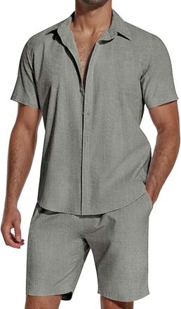 SHEKINI Herren Baumwolle 2 Piece Schlafanzug Kurz- Kurzarm Button Down Shirt & Leichte Shorts - Atmungsaktiv Komfort Fit für Sommer Freizeit & Strand Entspann