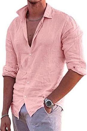 Onsoyours Chemise Homme en Lin Casual Manches Longues Shirt Ample Fit Col V Tops Décontracté Confortable Respirant Henley Chemise Blouse Tunique Z3 Rose XL
