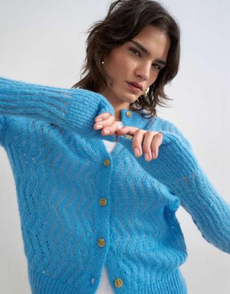 Topshop Leichte Pointelle-Strickjacke in Blau