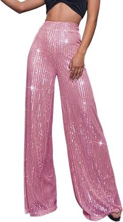 Generic Pantalon &agrave; paillettes pour femme - Pantalon long m&eacute;tallique - Taille haute - Pantalon d&eacute;t&eacute; ample - Grandes tailles - Pantalon &agrave; paillettes m&eacute;tallique 