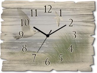 Artland Wanddeko Wanduhr ohne Tickgeräusche aus Holz Quarzuhr 40x30 cm Rechteckig Lautlos Strand Meer Nordseestrand Möwe Nordsee Maritim J5QH