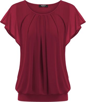 Zeagoo Damen Chiffon Bluse Fledermausärmel Casual Shirts Doppellagiges Hemd Einfarbig/Blumen Sommer Weinrot L
